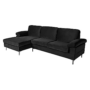 BENDIC Modern Velvet Fabric, L-Shape Couch with Extra Wide Chaise Lounge and Removable Cushions, Sectional Sofa for Living Room, Left Hand Facing,Up to 3 Seating Capacity,Black