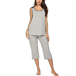 Ekouaer Women's Sleepwear Bamboo Jersey Sleeveless Top and Capri Pleated Loungewear O Neck Pajama Set Grey L