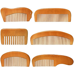 6 Pieces Handmade Wooden Comb Wood Hair Comb Wooden Beard Comb Natural Green Sandalwood Wide and Fine Teeth Comb Set with Anti Static and No Snag Handmade Brush for Kids, Women and Men (Cute Style)