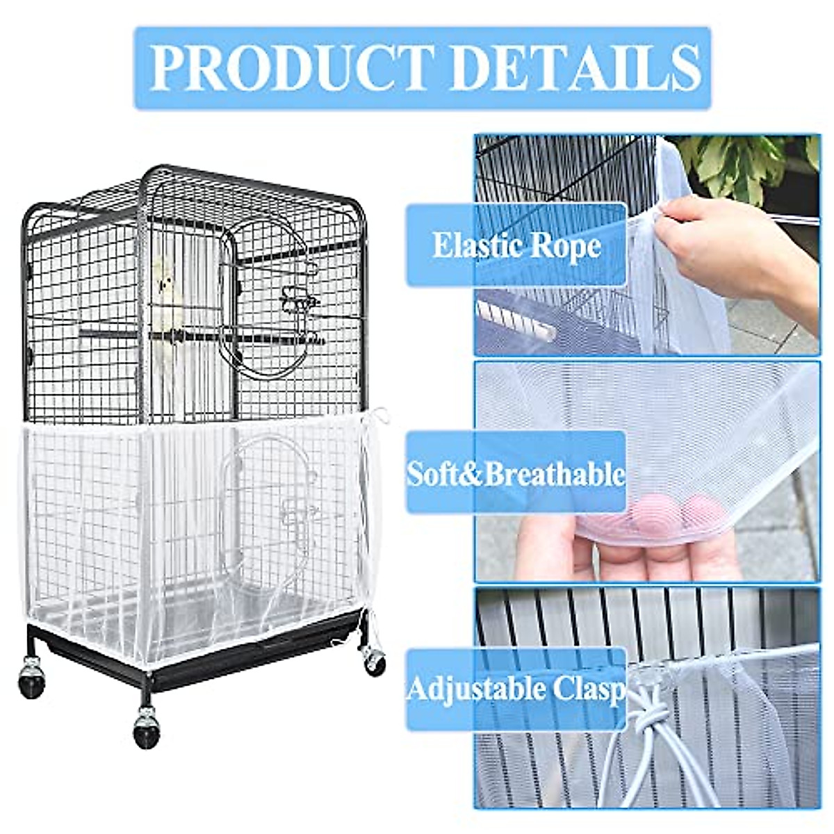 ASOCEA Extra Large Bird Cage Seed Catcher Guard Universal Birdcage Cover Nylon Mesh Net for Parrot Parakeet Macaw Lovebird African Grey - White (Not Include Birdcage) …