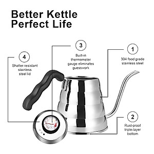 MAXCOOK Tea Kettle Gooseneck Pour Over Coffee Kettle, 304 Stainless Steel Kettle with Thermometer for Exact Temperature, Precision Pour Drip Spout, Compatible with all Stovetops 1L/34oz