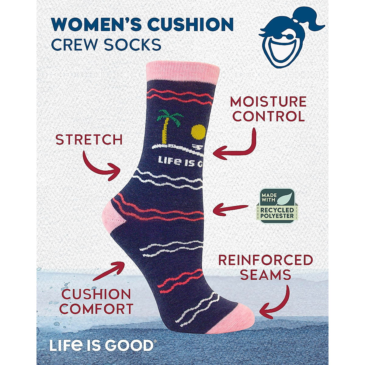 Life is Good Women's Socks - Novelty Crew Cut Socks (3 Pack), Size Shoe Size: 4-10, Navy