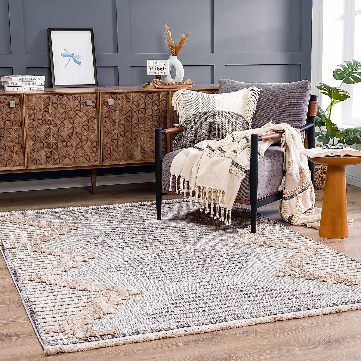 BoutiqueRugs Maulawin Farmhouse High Low Textured Shag Area Rug - Boho Moroccan Geometric Carpet for Living Room, Bedroom, Dining Room - Charcoal, Cream, Peach - 6'7" x 9' (6x9 Area Rug)