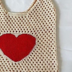 Y2K Accessories Fairy Grunge Bag Aesthetic Tote Bag Boho Shoulder Bag Hobo Knit Handbag Crocheted Hollow Cute Tote Bag Heart Print Shopping Bag (Off-white)