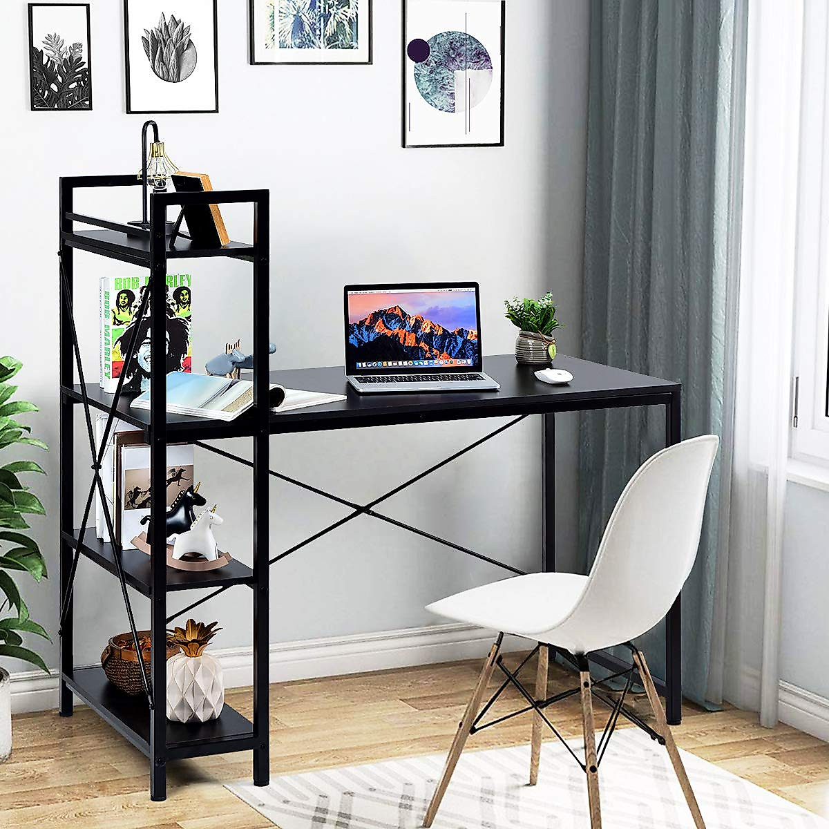 Tangkula Computer Desk with 4 Tier Shelves, Study Writing Table with Storage Bookshelves, Modern Compact Home Office Workstation, 47.5" Tower PC with Steel Frame & Adjustable Feet Pad