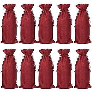 HRX Package Pack of 10 Burlap Wine Bags with Drawstring for Christmas, 14 x 6 1/4 inches (Red)