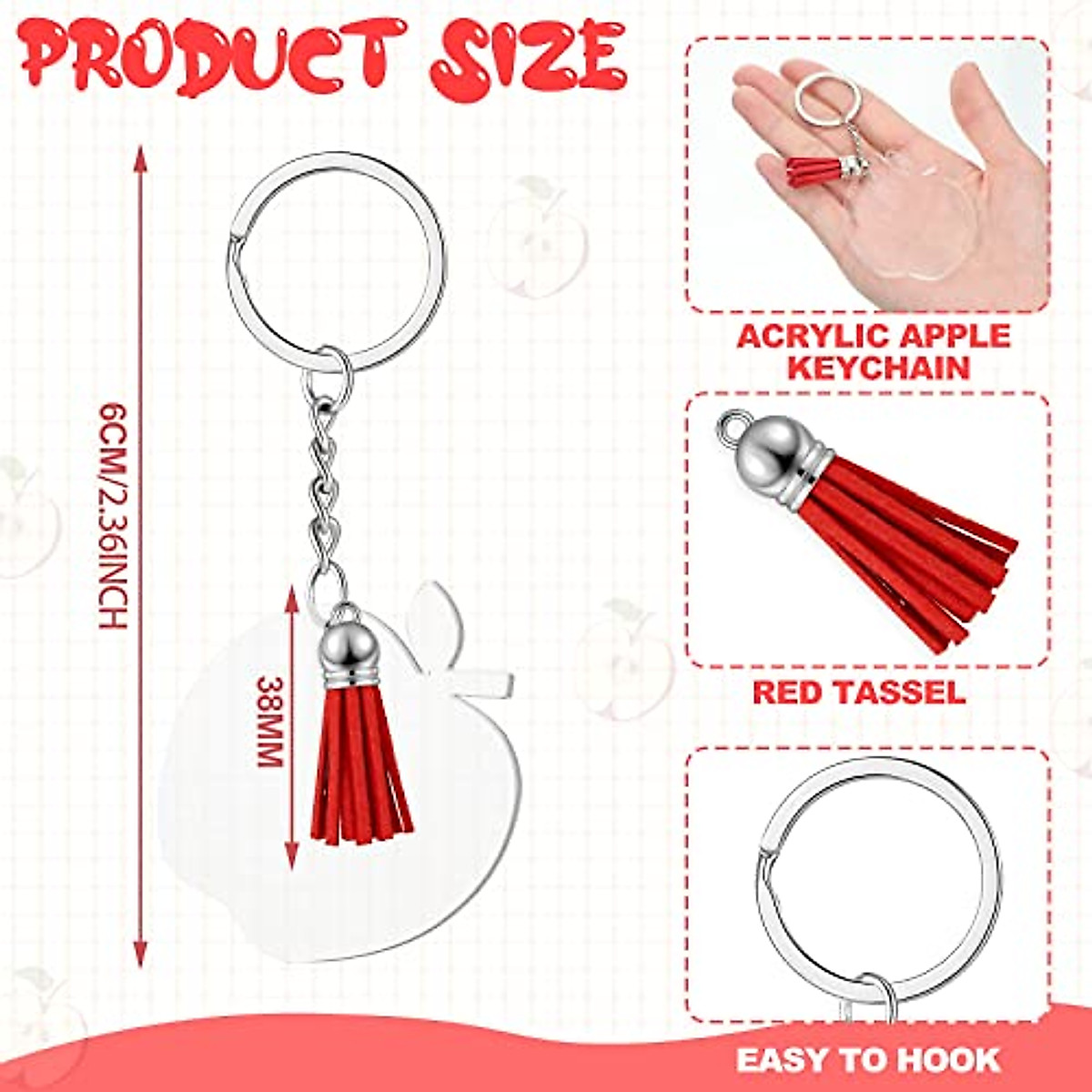 20 Pcs Teacher Appreciation Gift Clear Acrylic Keychain Blanks 2.3'' Acrylic Apple Clear Key Chains with Red Tassel Graduation Back to School Thank You Gift for Teacher Appreciation Week