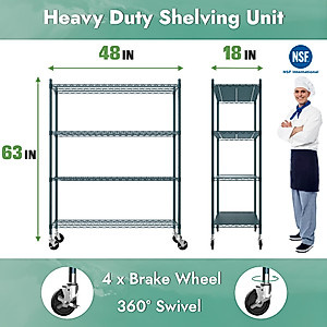 APLSS NSF 4-Tier Green-Epoxy Storage Shelves, 18"x48"x63", Moist&Dry Enviroments, Commercial Heavy Duty Steel Wire Shelving Unit with Wheels, Walk-in Cooler&Freezer Dishroom Kitchen