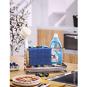 SWTYMIKI Kitchen Sink Caddy Organizer with Dishcloth Holder, Rustproof Stainless Steel Sponge Holder with Removable Drain Tray, Sink Rack Holds Sponge, Dishcloth and Brush in Silver