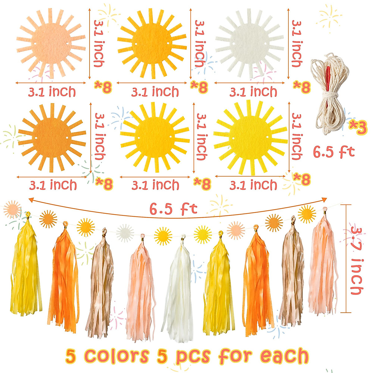 G1ngtar 53 Pcs Boho Sun Garland Tassel Banner Hippie Muted Sun First Trip Around The Sun Party Decoration Supplies Aesthetic Indoor Outdoor Artificial Felt Wall Decor for Birthday Baby Shower Wedding