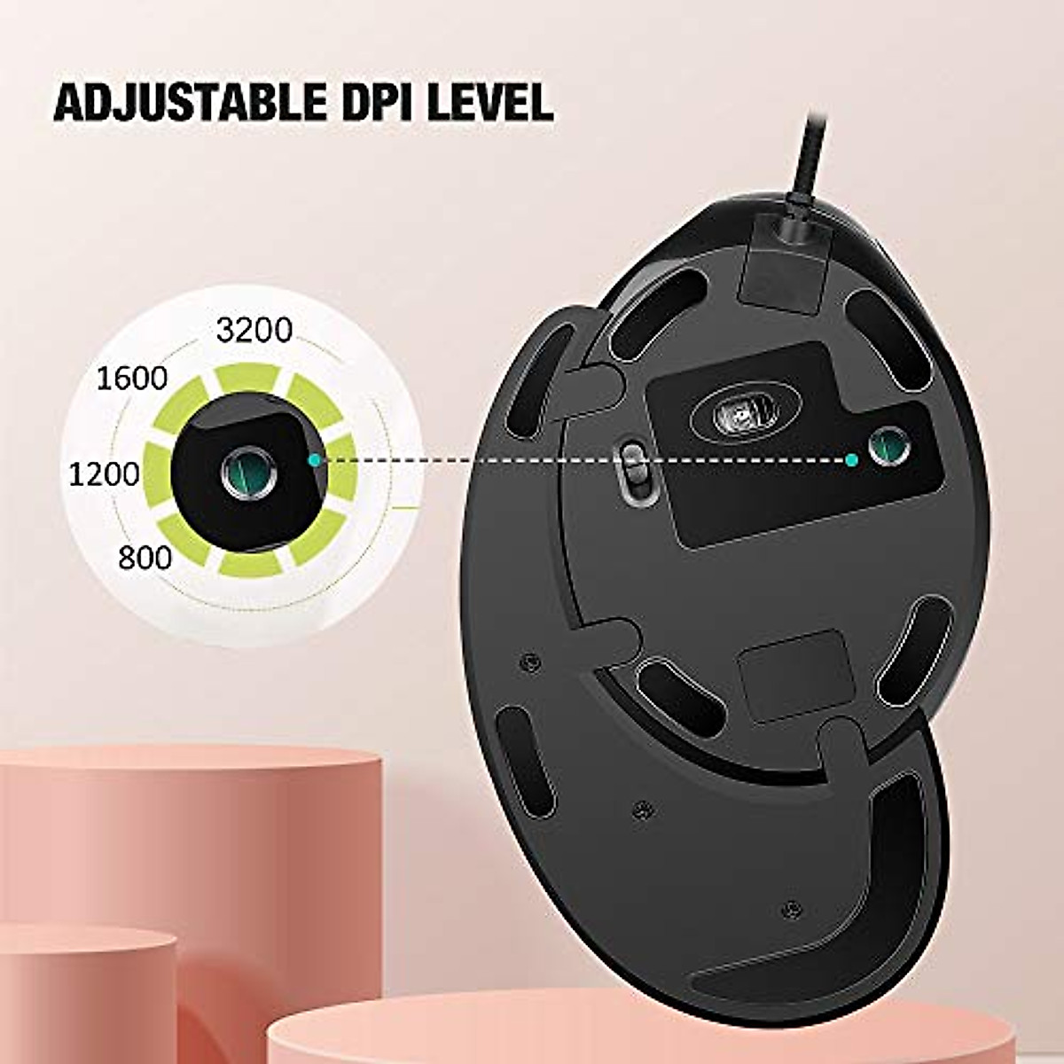 eirix Wired Ergonomic Vertical Mouse: RGB Backlit Ergo Mice with 3200 Adjustable DPI, Removable Palm Rest, Compatible with Windows and MAC OS
