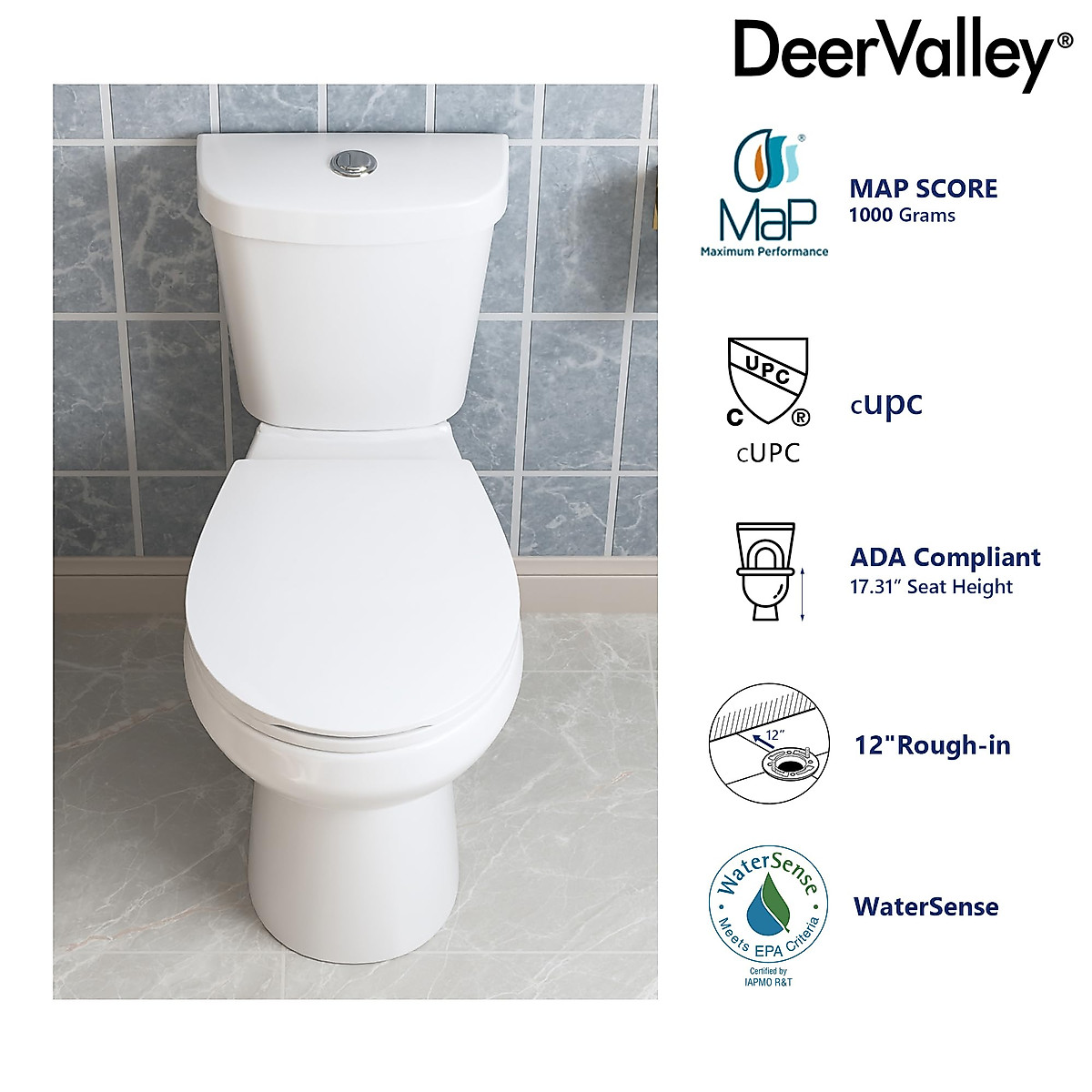 Two-Piece Toilet, DeerValley 17.72" High 12” Rough in Dual Flush 1.1/1.6 GPF and Map 1000g, ADA Chair Height Toilets Bowl With Soft Close Seat for elderly, White DV-2F0079
