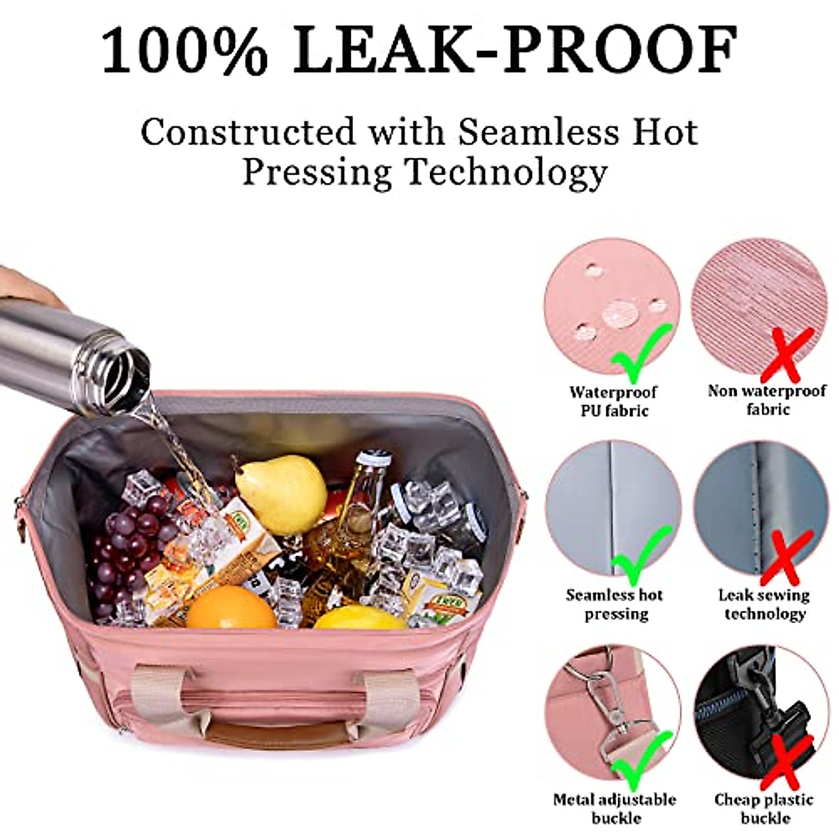 Womens Cooler Bag 22qt Collapsible Pink Soft Sided Car Cooler, 36 Can Lunch Cooler, Large Portable Leakproof Lunch Tote Bag Wine Cooler for School, Travel, Beach, Camping, Picnic, Fishing, Floating