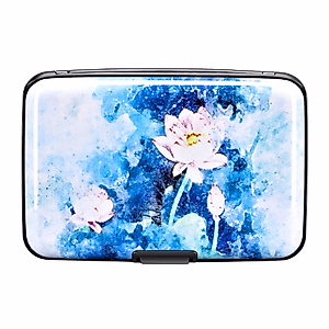 ELFISH Mini RFID Aluminum Wallet Credit Cards Holder Business Card Case Metal ID Case for Men Women (Blue Lotus)