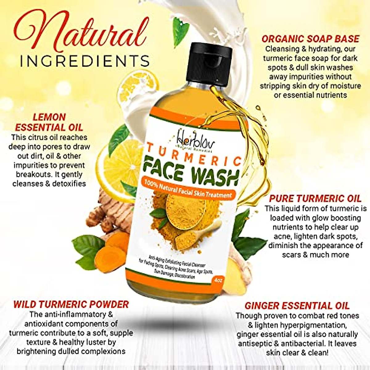 Herblov Turmeric Face Wash, 4oz Turmeric Clear Skin Liquid Soap – 100% Natural Anti Aging Exfoliating Turmeric Facial Cleanser for Spots, Clearing Acne Scars, Age Spots, Sun Damage, Discoloration – Turmeric Soap Skin Detox Made in USA