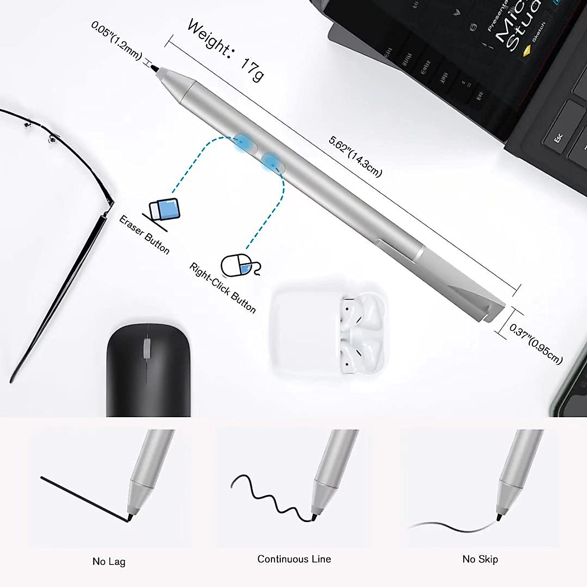 Pen for Surface, 1024 Pressure, Eraser & Right-Click, Palm Rejection,2500 Working Hours for Surface Pro 11/10/9/8/7/6/5/4/3/X, Surface Go/Book 4/3/2/1, Surface Laptop Studio 6/5/4/3/2/1