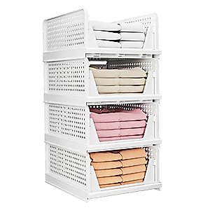 CTSNSLH 4 Pack Folding Closet Organizers Storage Box, Stackable Plastic Drawer Basket for Clothing(White)