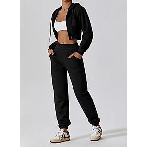 ABOCIW Sweatpants Women Fleece Lined Baggy Winter Thick Warm High Waisted Sweat Pants Casual Athletic Joggers with Pockets Y2k Trendy Lounge Trousers Black Medium