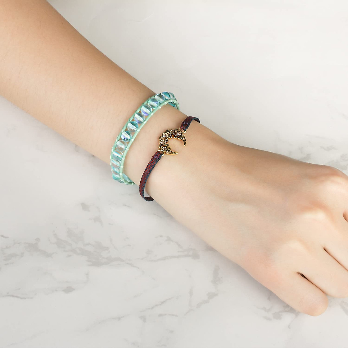 KELITCH Single Wrap Bracelets Flash Crystal Beaded Bracelets Strands Bracelets Women Bangles Cuff Jewelry (Green 11C)