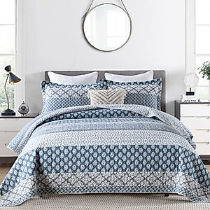 PERHOM Blue Quilt Queen Size - Queen Quilt Set, 100% Long-Staple Cotton Floral Quilt Bedding Set Bedspreads, Patchwork Reversible Lightweight Comforter Bed Spread for All Season, Blue/Gray, 3 Pieces