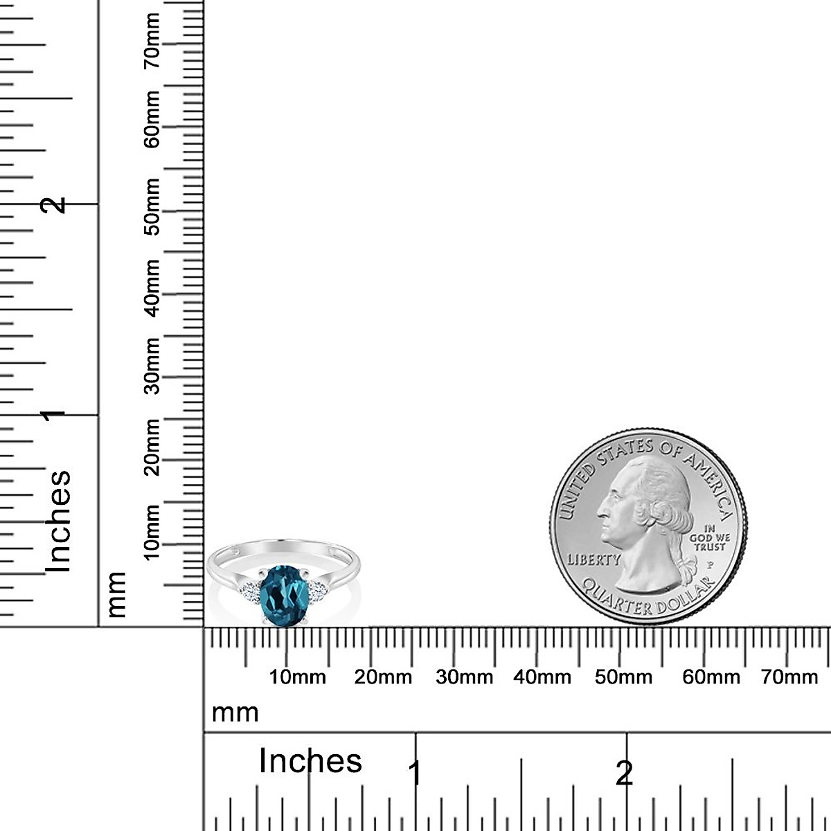 Gem Stone King 10K White Gold London Blue Topaz and White Created Sapphire 3-Stone Women's Ring (1.40 Cttw, Gemstone Birthstone, Available In Size 5, 6, 7, 8, 9)