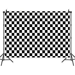 Cosplay Party Banner Checkered Flag Photography Backdrop Vinyl 7x5ft Photo Background White and Black Racing Checker Texture Grid Birthday Chess Board Decoration Supplies Photo Booth Studio Props
