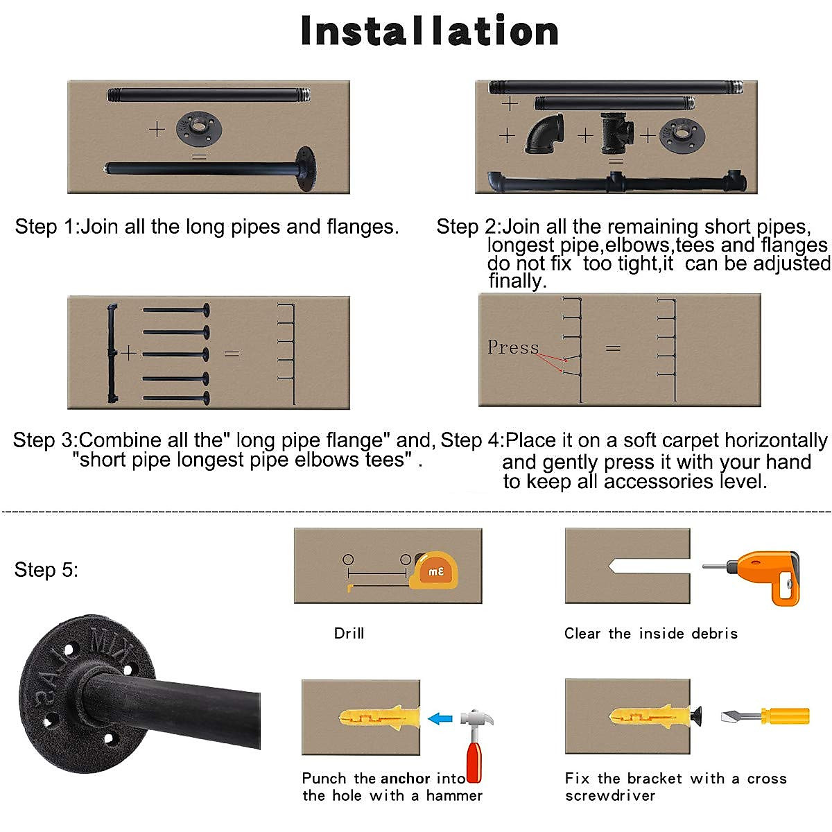 5 tier Industrial Wall Mount Iron Pipe Shelf Shelving Bracket Vintage Retro Ceiling Hung shelf DIY Open Bookshelf Storage for office Room Kitchen (2PcsX5Tier,70" Tall,12"deep,Hardware Only)