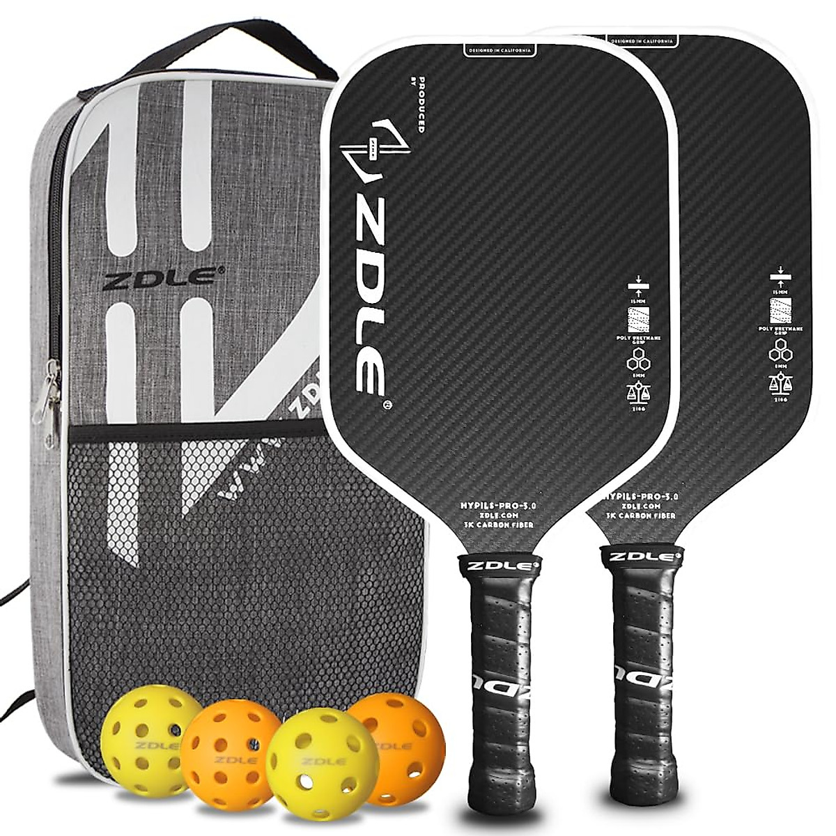 Zdle Pickleball Paddles, 8 oz Frosted Surface Graphite Pickleball Rackets, 3K Carbon Fiber and 16mm Polypropylene Core, Pickle Ball Raquette Set of 2 with Longated Handle