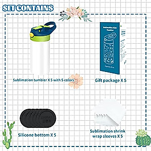 ZONEGRACE 12oz Sublimation Tumbler Bulk For Children,Toddlers,Heat Press For Print, Kids Sublimation Tumbler Cups With Handle, Straight Double Wall Kids Sublimation Water Bottle Blanks (5 Pack)