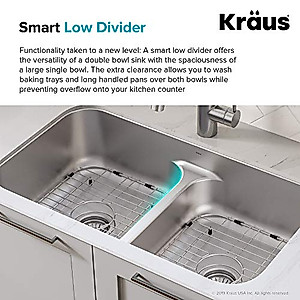 KRAUS KBU32 Premier 32-inch 16 Gauge Undermount 50/50 Double Bowl Kitchen Sink with Smart Low Divider