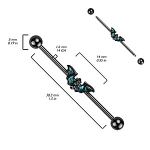 Pierced Owl 14GA Black PVD Plated 316L Stainless Steel Bat with Abalone Wings Industrial Barbell