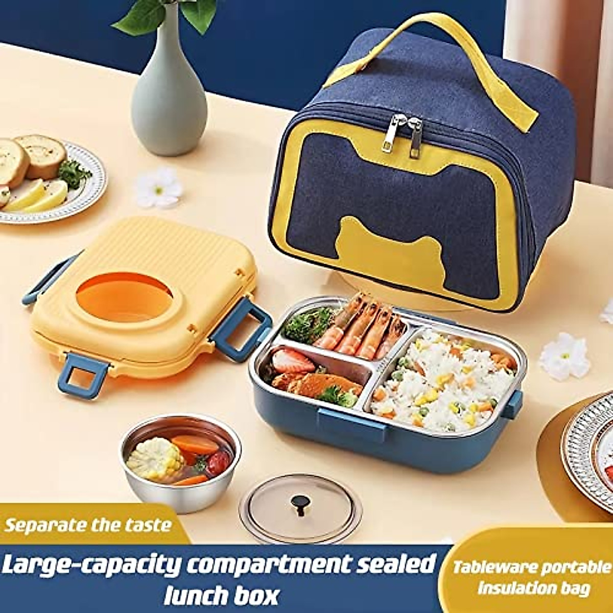 Yingluo Lunch Box,Hot Water Heating Portable Food Warmer,Removable 304 Stainless Steel Spoon And Portable Insulation Bag,1.1L,Yellow