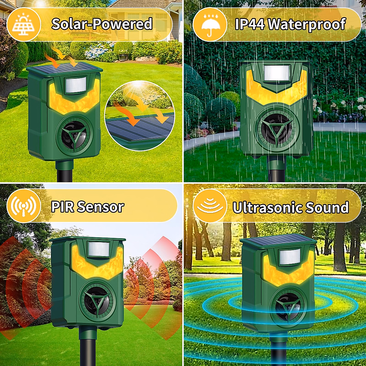 Ultrasonic Animal Repellent, Cat Deterrent Outdoor, 2024 Newest Flame Light Animal Repellent for Garden, Solar Animal Repeller with Motion Sensor, Repel Dogs Bird Skunk Rabbit Squirrels Deer for Yard