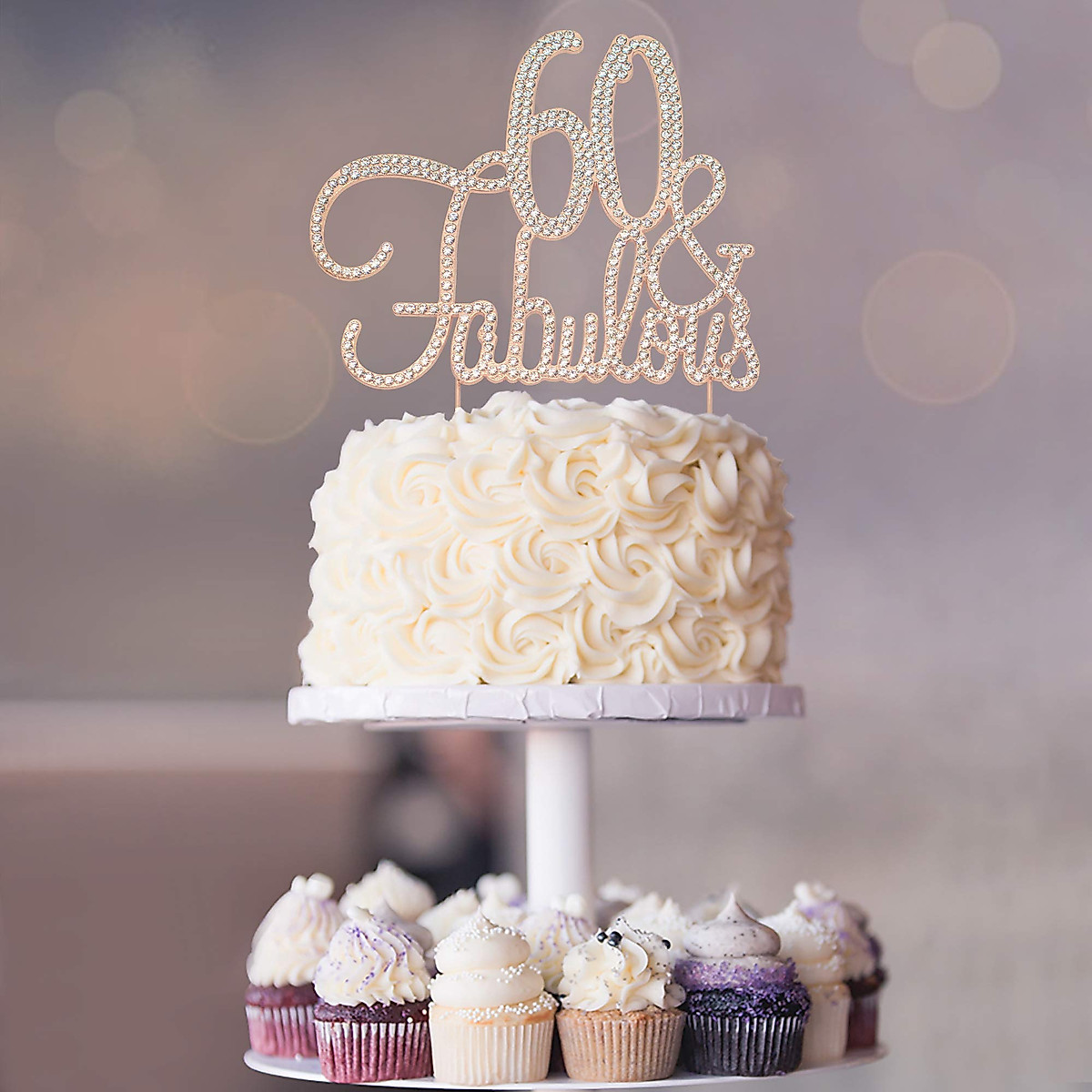 60 Cake Topper - Premium Rose Gold Metal - 60 and Fabulous - 60th Birthday Party Sparkly Rhinestone Decoration Makes a Great Centerpiece - Now Protected in a Box