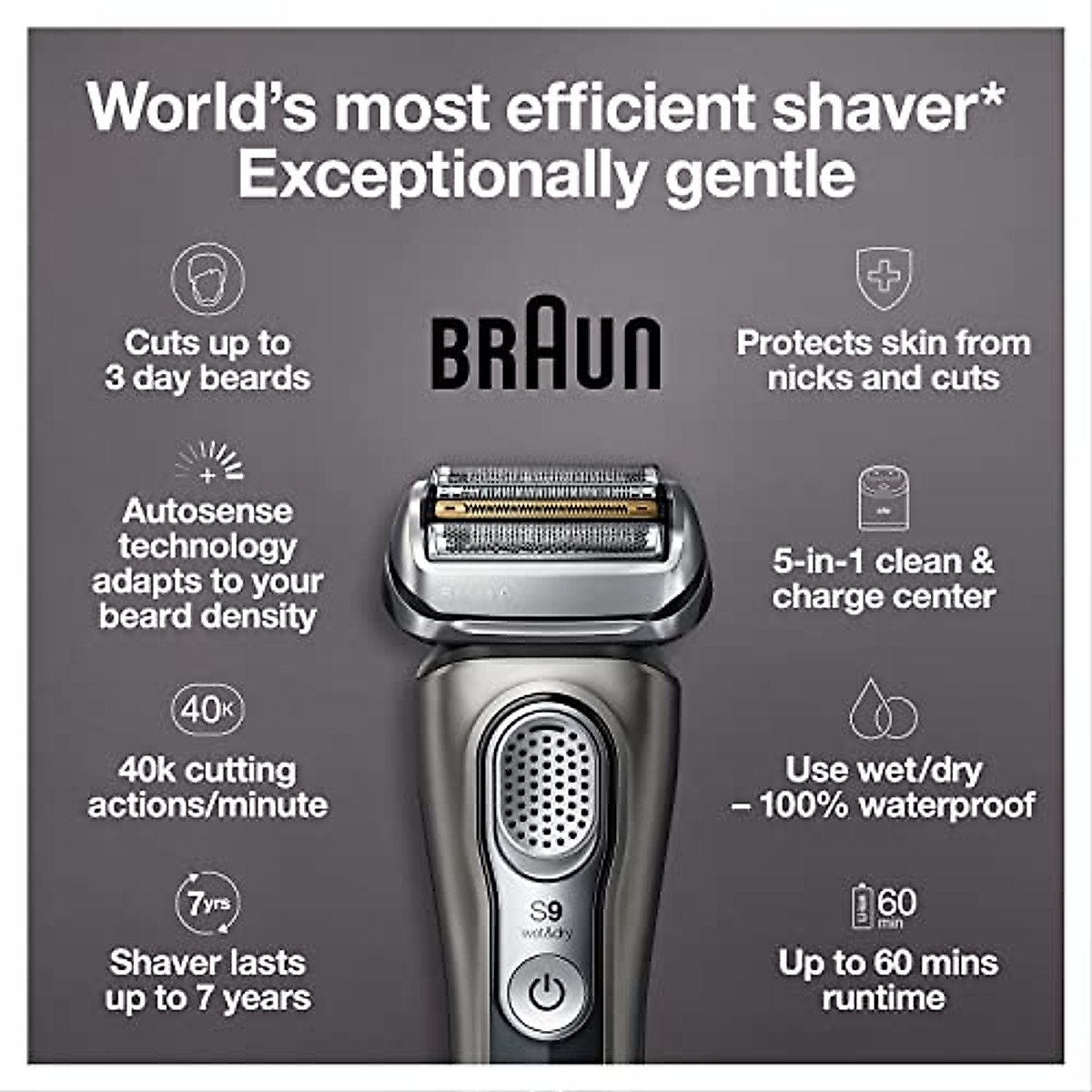 Braun Electric Razor for Men, Waterproof Foil Shaver, Series 9 9385cc, Wet & Dry Shave, With Pop-Up Beard Trimmer for Grooming, Clean & Charge SmartCare Center and Leather Travel Case, Black