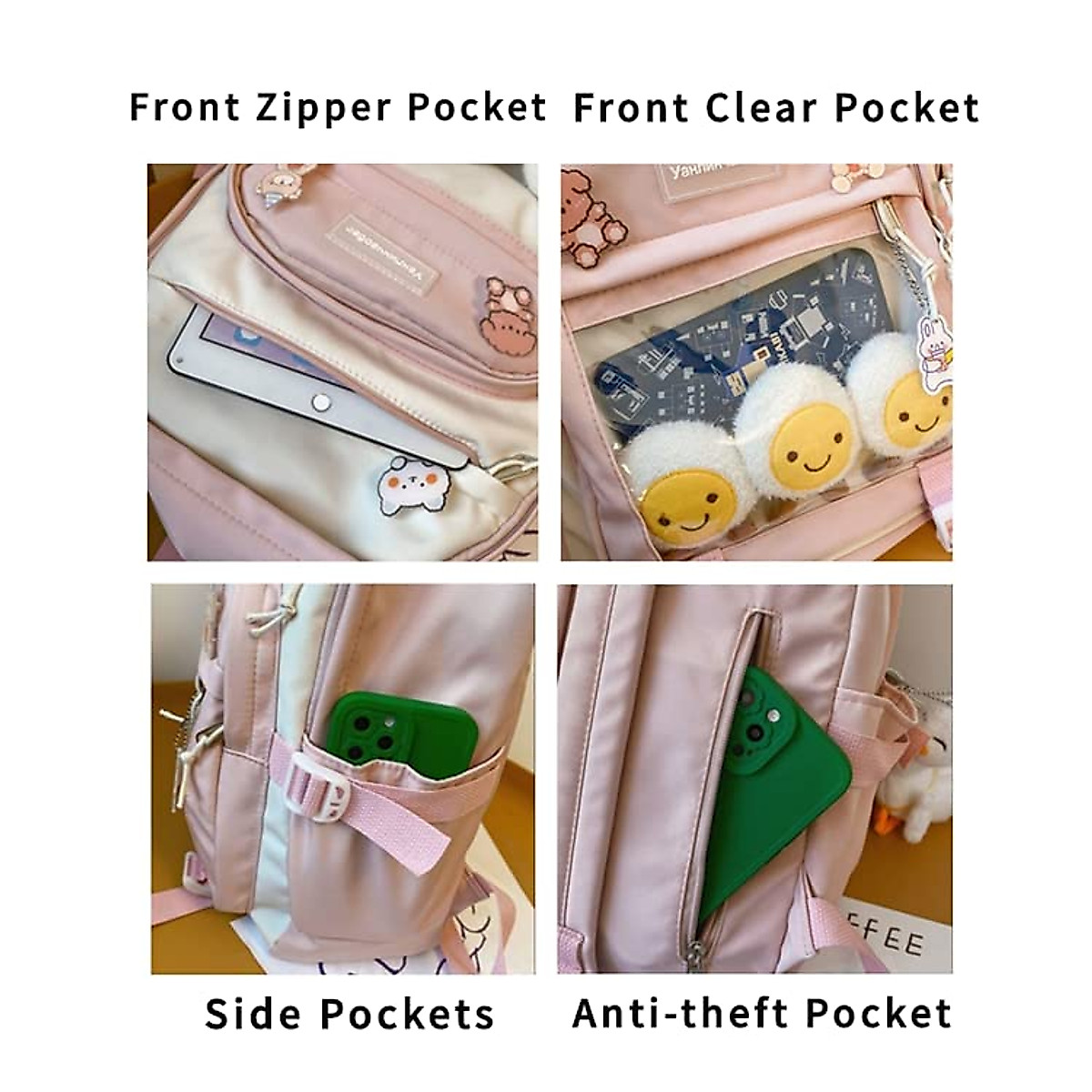 Kawaii Aesthetic Cute Back to School Backpack with Lovely Accessories and Pendant for Girls and Boys in 4 Colors (Yellow)