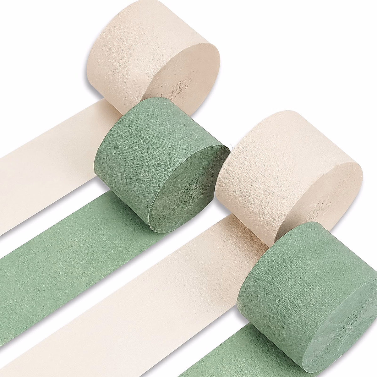 PartyWoo Crepe Paper Streamers 4 Rolls 328ft, Pack of Sage Green and Ivory Crepe Paper for Party Decorations, Wedding Decoration, Birthday Decorations, Baby Shower Decorations (1.8 Inch x 82 Ft/Roll)