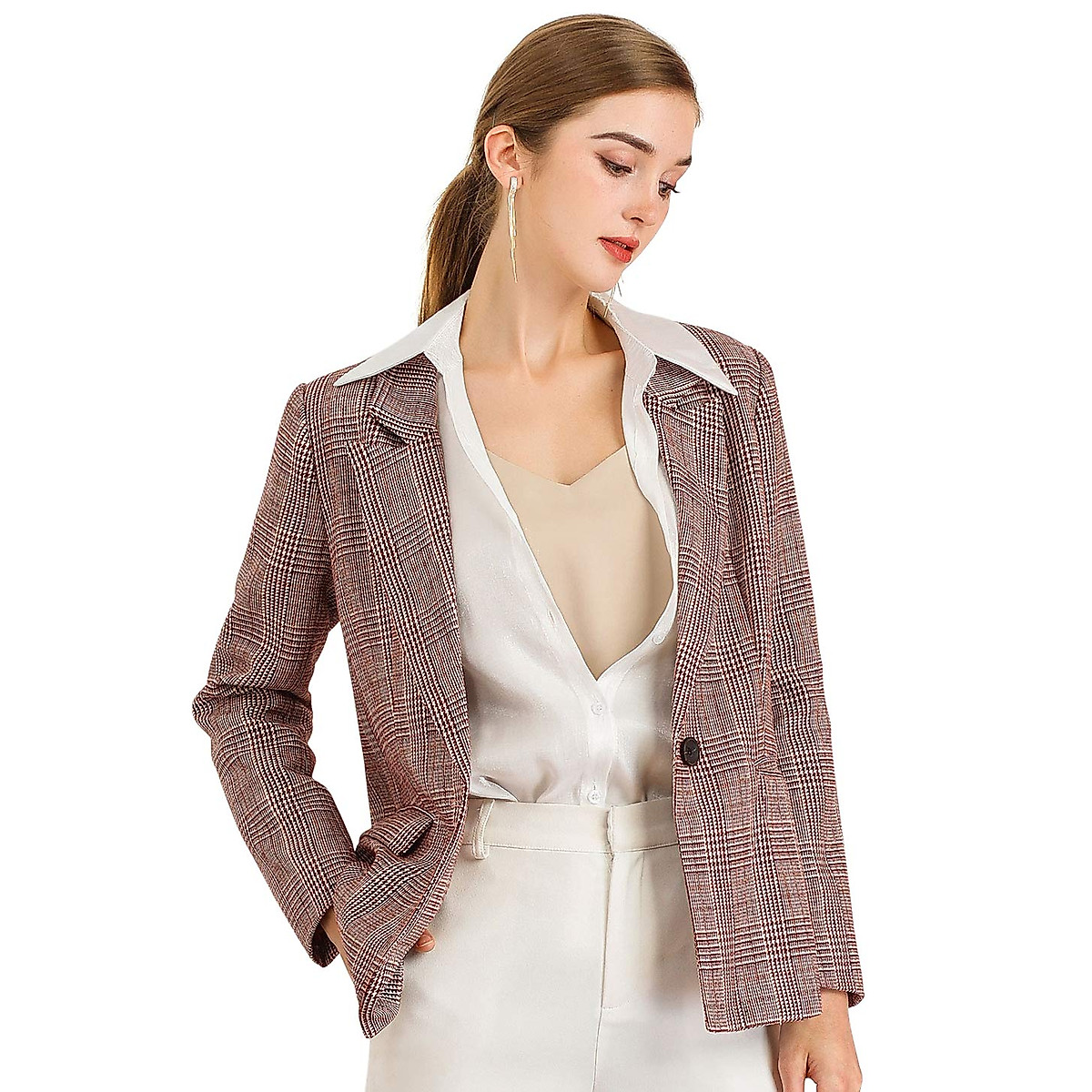 Allegra K Women's Notched Lapel One Button Boyfriend Blazer Suit Plaid Blazer Jacket Small Burgundy