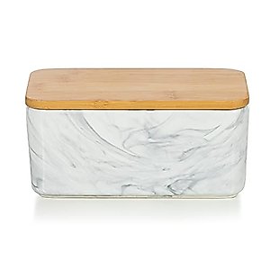 Kitchnest Marble Butter Dish with Lid for Countertop or Refrigerator Storage, Holds 2 Sticks, Vintage Bamboo Cover with Farmhouse Color Finish for Kitchen and Dining Room, Large