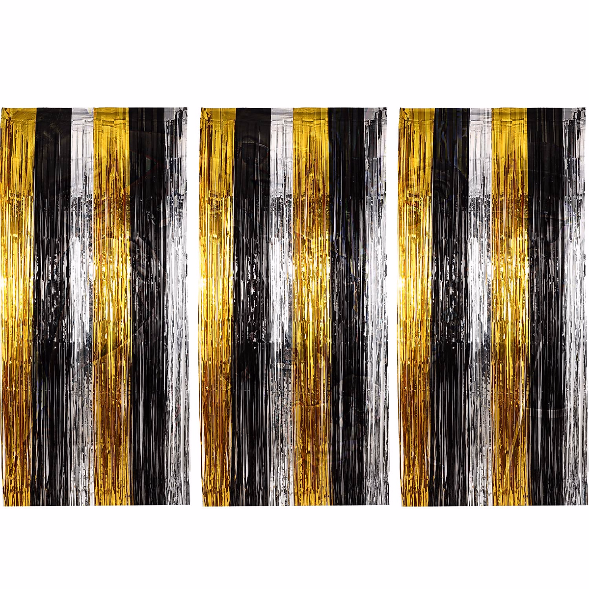 Sumind 3 Pack Metallic Tinsel Curtains, Foil Fringe Shimmer Curtain Door Window Decoration for Birthday Wedding Party (Gold, Silver with Black)