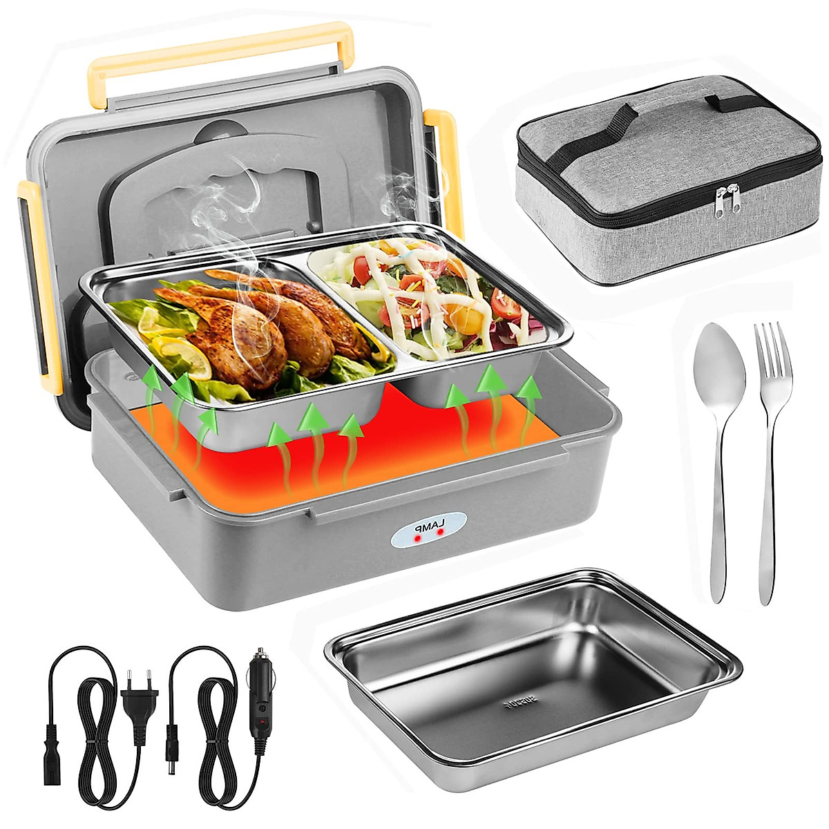 Electric Lunch Box Food Heater, 3 in 1 Food Warmer 12V 24V 110V Portable Heated Lunch Boxes for Car/Truck/Home Self Heating Box with 2 Removable 304 Stainless Steel Container, Fork & Spoon and Carry