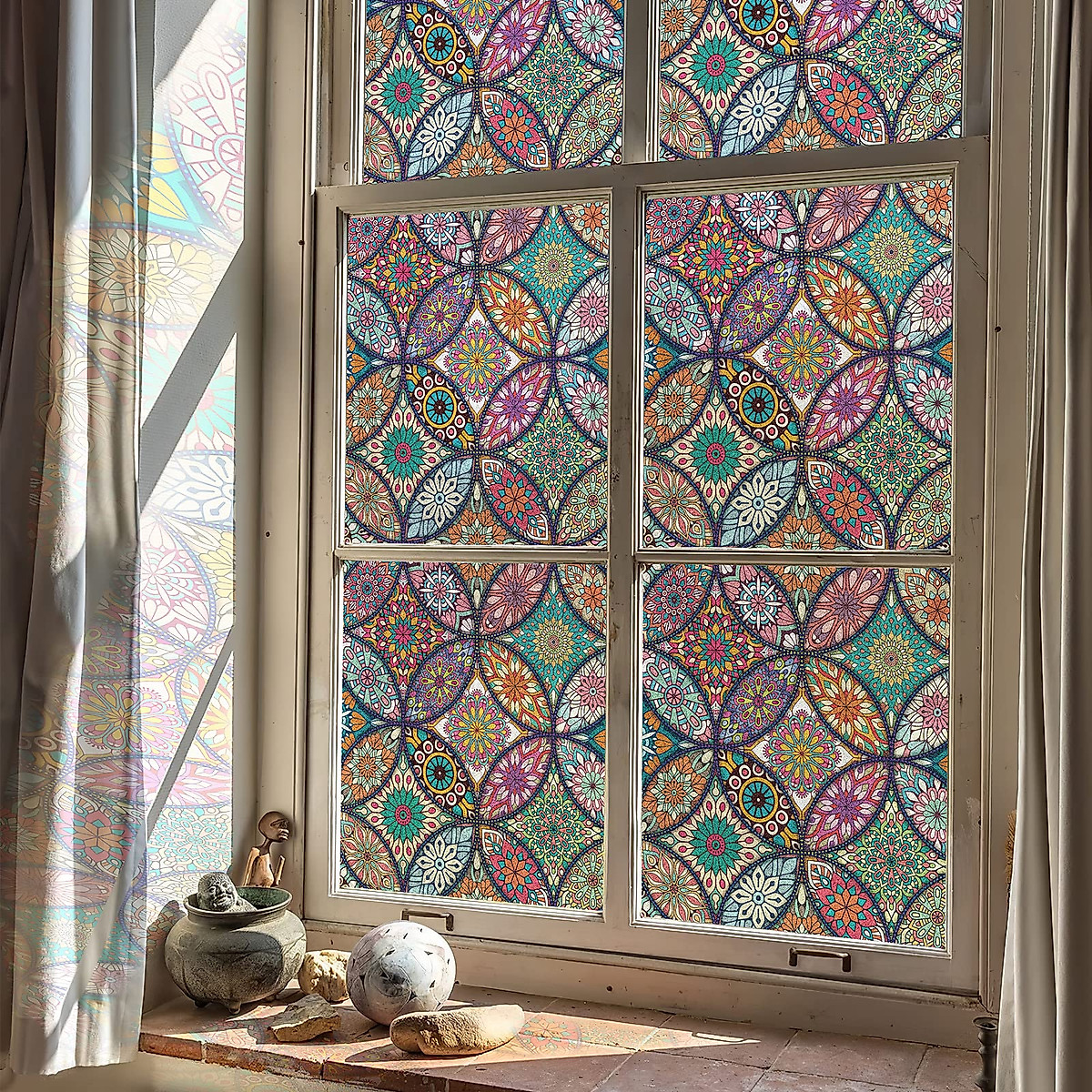 JiffDiff Window Privacy Film Frosted Glass Stain Stickers Boho Decorative Rainbow Non-Adhesive Static Cling Tinting for Home Bathroom 118.1''x17.3''