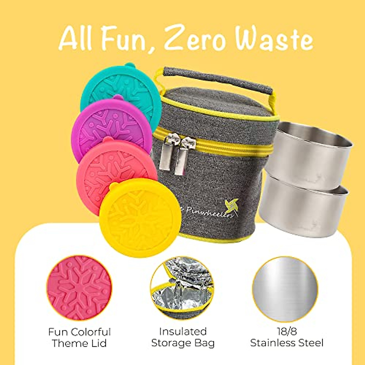The Pinwheelers - 2 Storage Containers With Lids + 1 Insulated Bag, Food Storage Container for Mini Food, Adults & Kids Snack Container for Christmas Cookies/Christmas Candy, 220 mL, Yellow Gray Bag