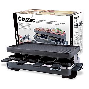 Swissmar Classic 8-Person Raclette Party Grill - Indoor Electric Grill & Griller with Reversible Cast Iron Grill Plate/Crepe Top - Anthracite Black