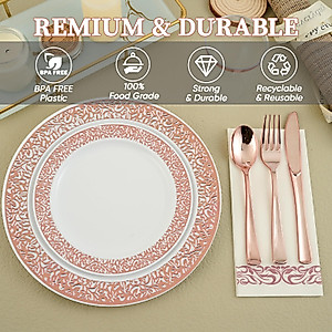 FOCUSLINE 350pcs Rose Gold Dinnerware Set for 50 Guests, Rose Gold Lace Plastic Plates Disposable Heavy Duty, Including 50 Dinner Plates, 50 Dessert Plates, 50 Cups, 50 Napkins, 50 Silverware Set