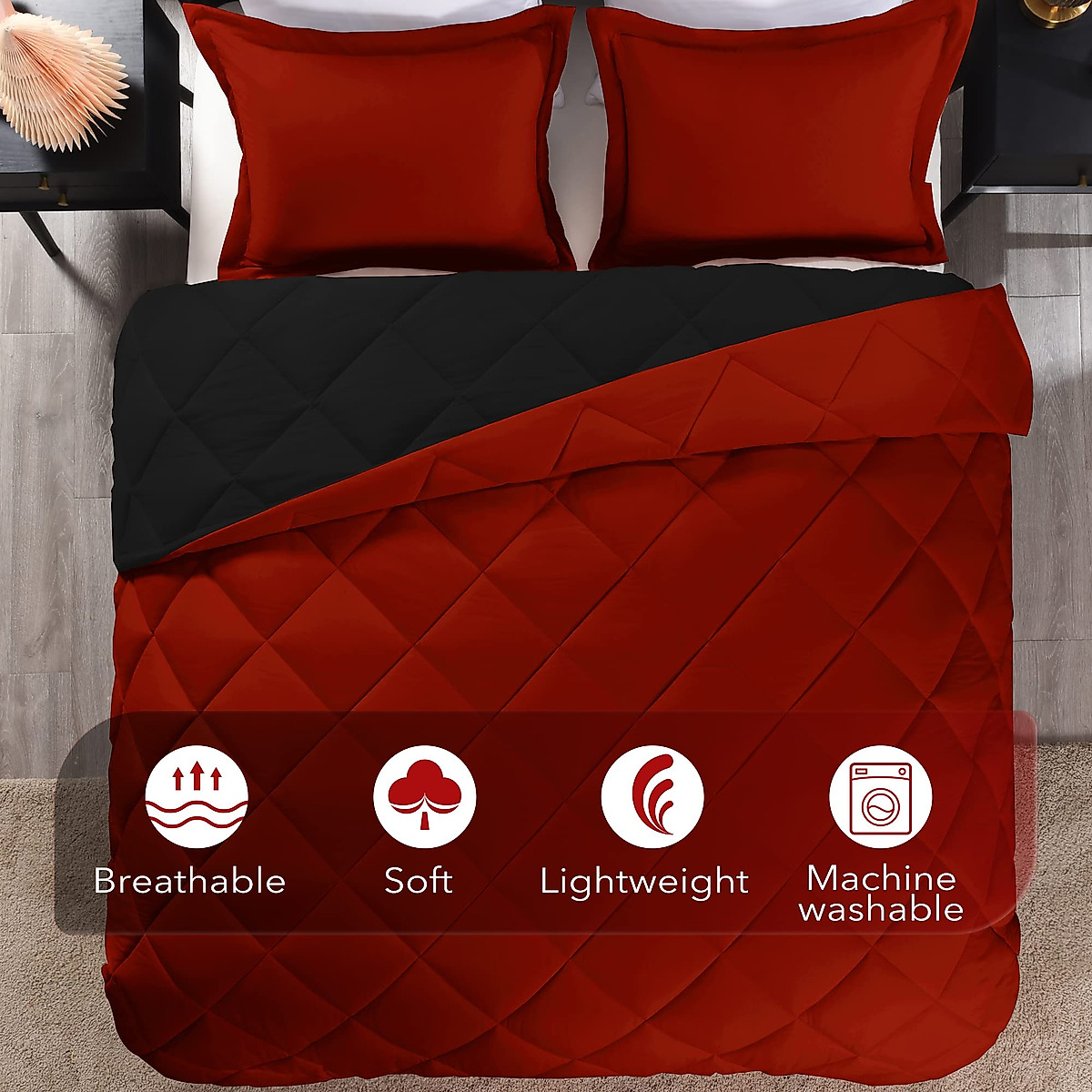 downluxe Lightweight Solid Comforter Set (King) with 2 Pillow Shams - 3-Piece Set - Red and Black - Down Alternative Reversible Comforter