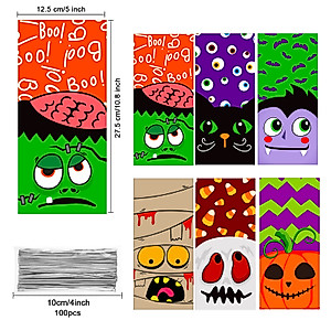 Funrous 120 Pcs Halloween Plastic Bags Halloween Cellophane Bags Candy Cookie Goodie Bags Halloween Treat Bags with 120 Silver Twist Ties for Halloween Party Favors