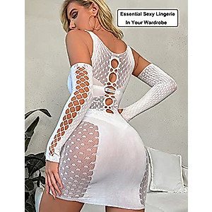 DMLBC Women Fishnet Bodysuits,Sexy Mesh Babydoll,Women's Floral Lace Lingerie,Bodysuit Dress,One Piece Babydoll One Size (w530 white, Large)