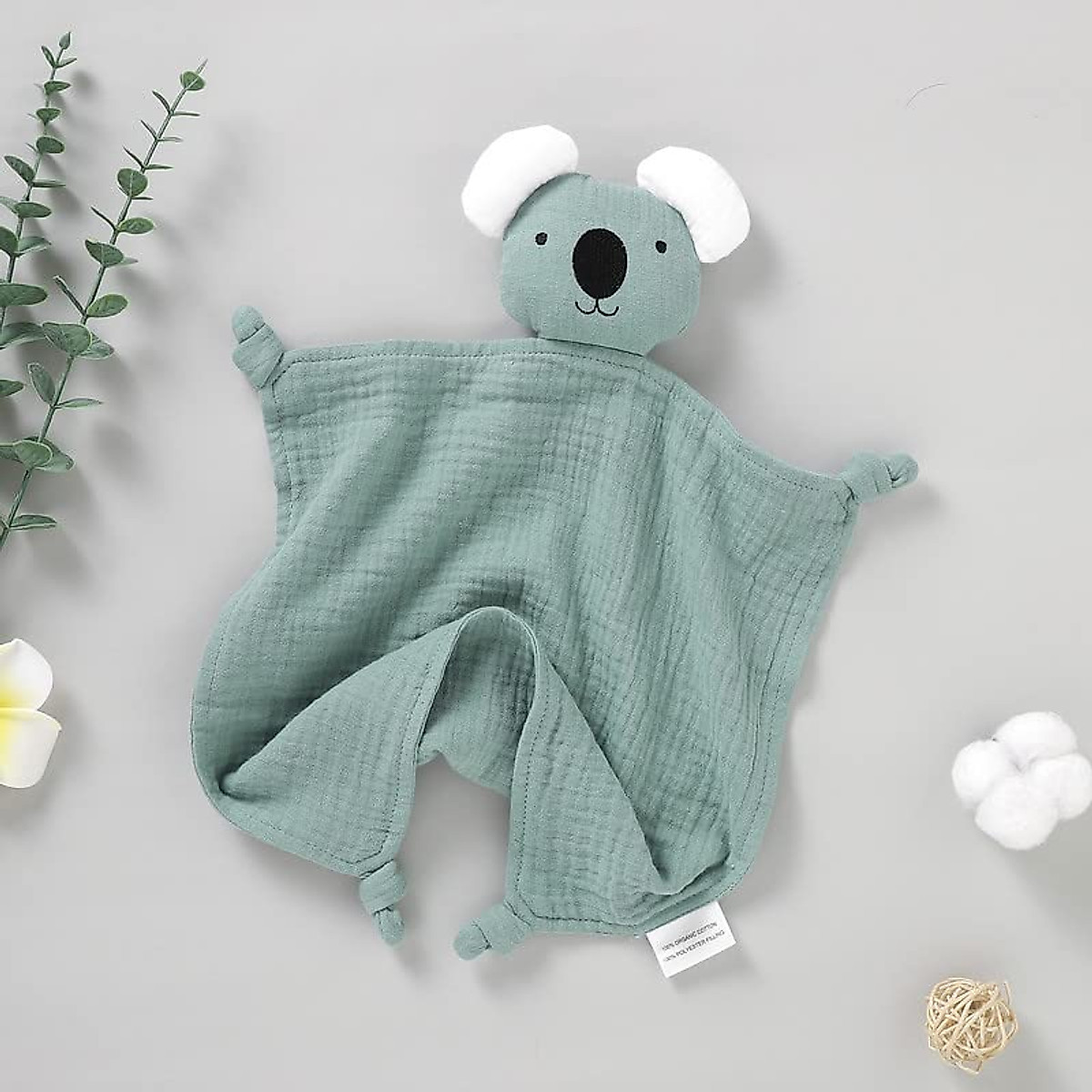 LAWKUL Baby Loveys Security Blankets Organic Cotton Muslin Soft Lovie Cuddly Lovies for Infants Unisex Boy Girls Koala Green