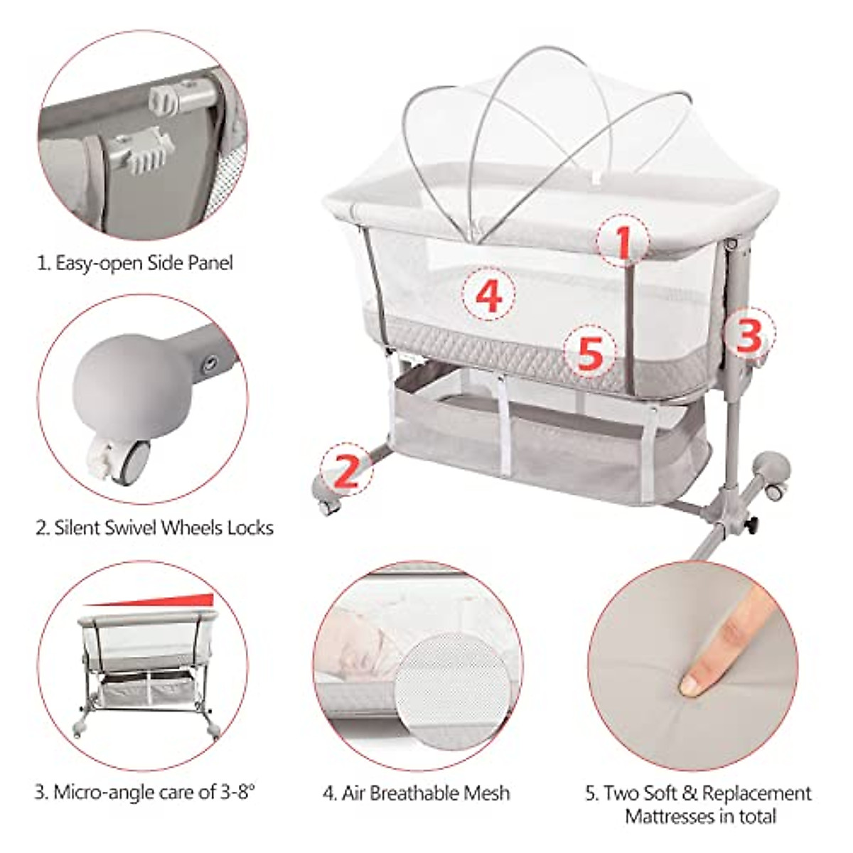HAHASOLE Bedside Sleeper for Baby, Portable Bassinets for Safe Co-Sleeping, Easy Assemble Baby Crib with Storage Basket & Mosquito, Adjustable Bedside Bassinet for Newborn